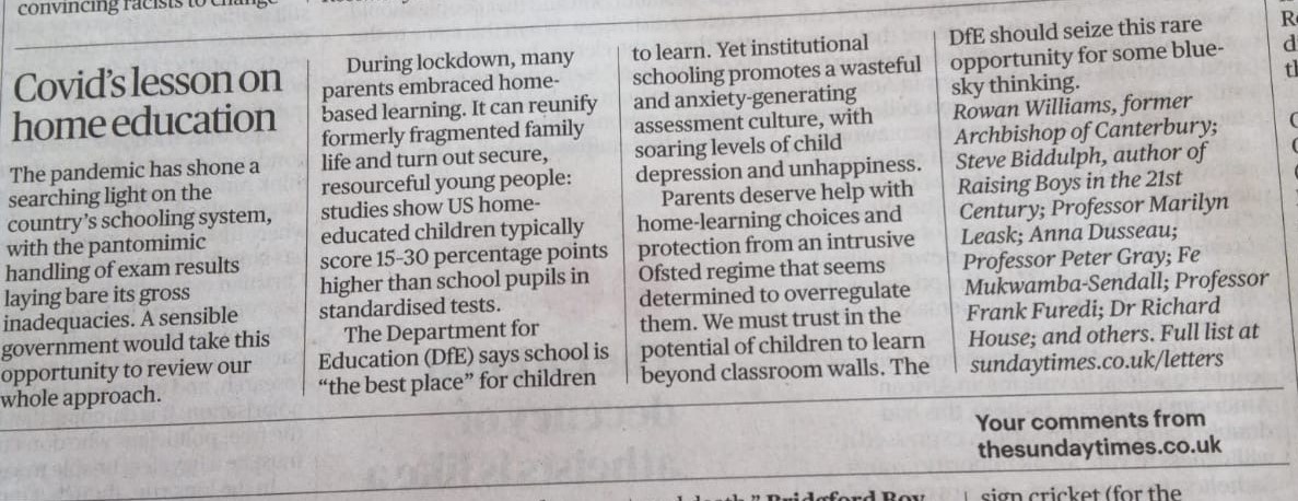 Covid's lesson on home education - a letter to The Sunday Times